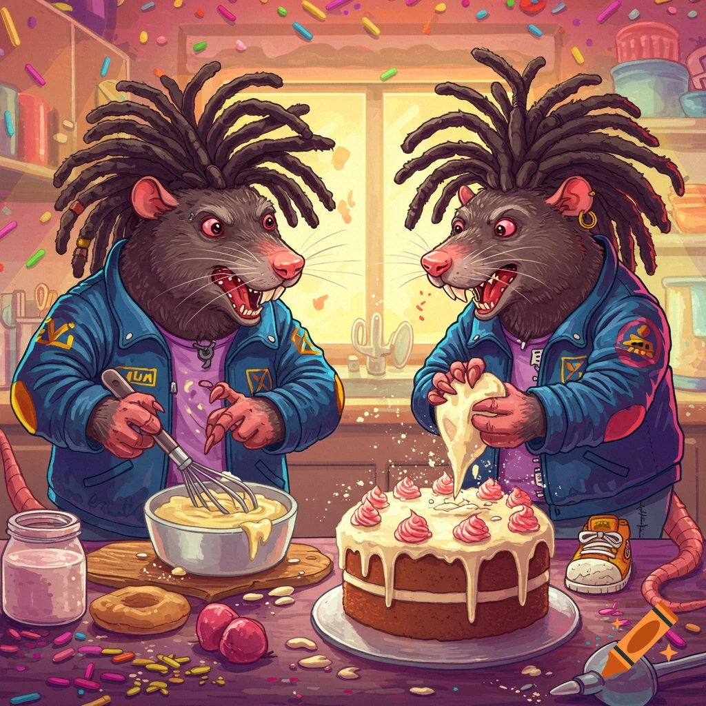 Two mole rats with dreadlocks making cake, wearing shoes and jackets ...