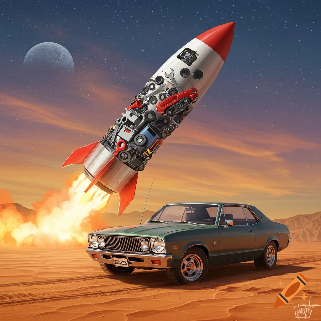 Car in desert being approached by rocket with mechanic tools on Craiyon