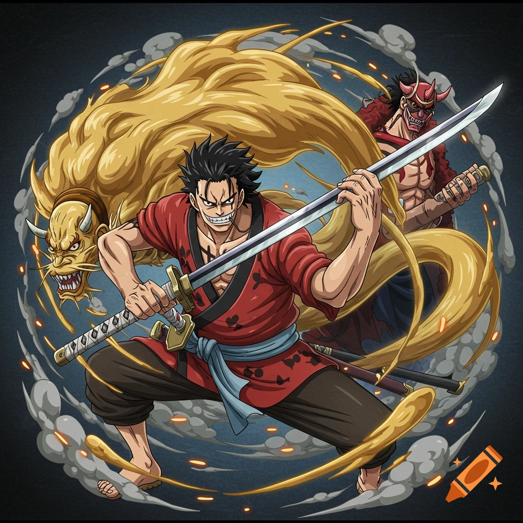 Anime illustration of two figures with swords and a golden dragon-like ...