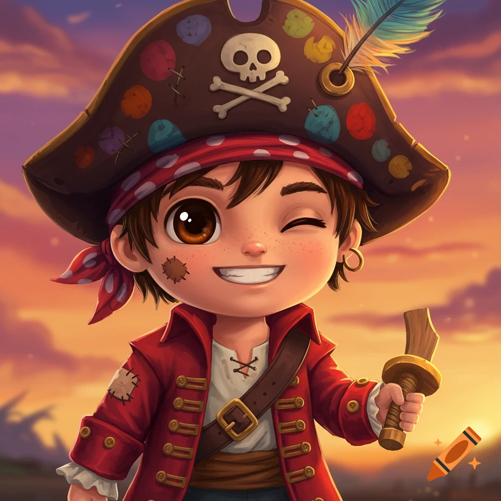 Cute cartoon pirate character winking, wearing a hat with a skull and ...