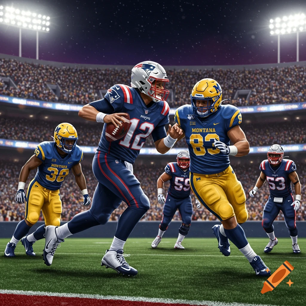 A New England Patriots football player runs past Montana Bobcats ...