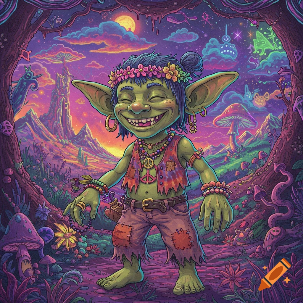 Goblin hippie with trippy background on Craiyon