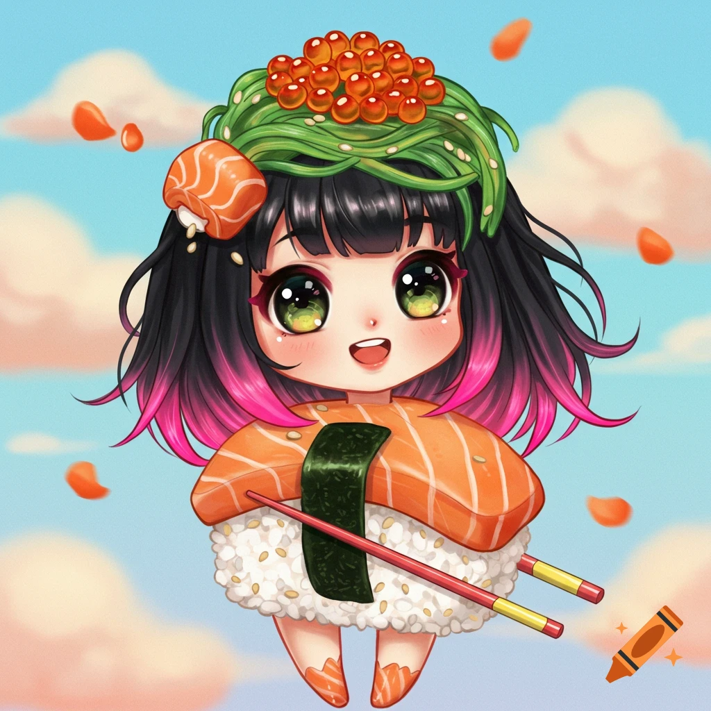 A cute anime-style chibi girl character dressed as a piece of salmon ...