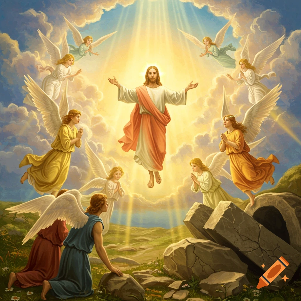 Jesus ascends into a bright sky surrounded by angels as figures kneel ...