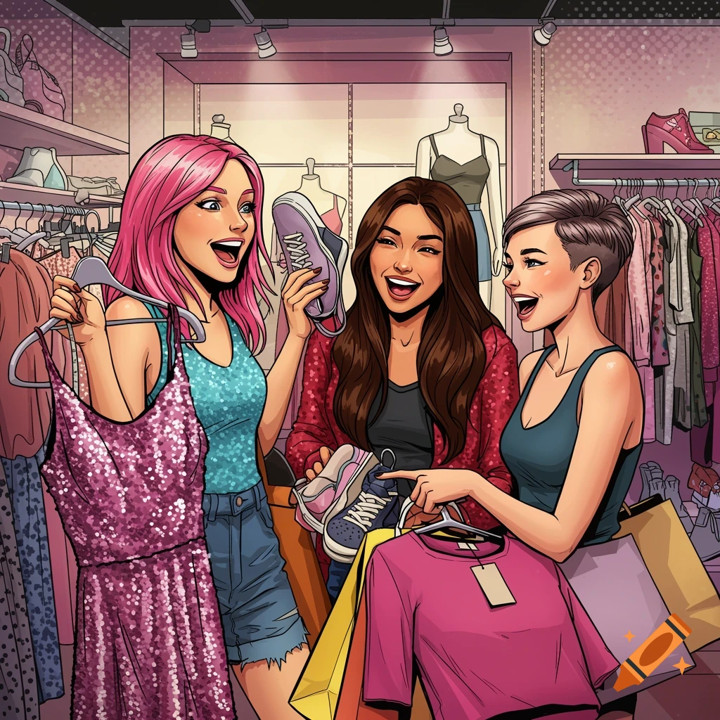 Three teenage girls laugh while shopping for clothes in a store, pop ...