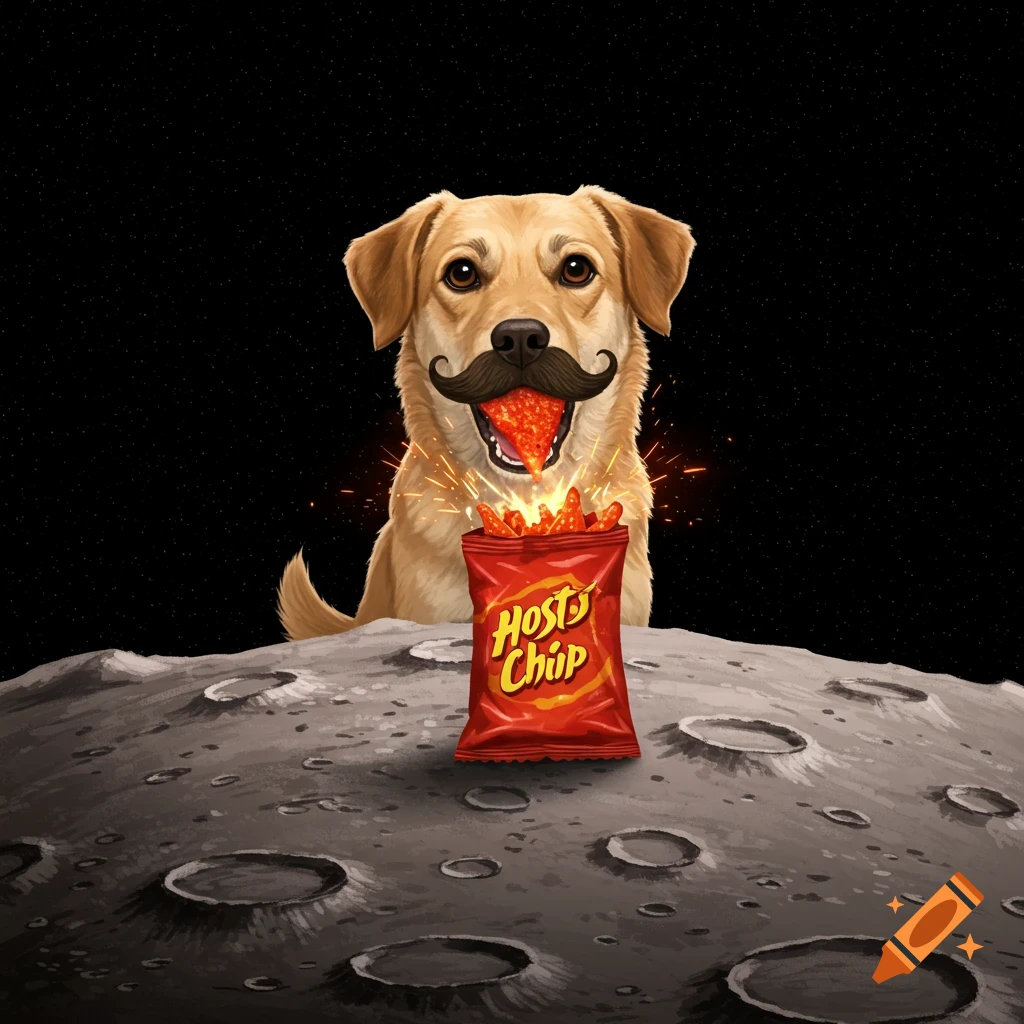 Dog with mustache on the moon eating a hot chip on Craiyon