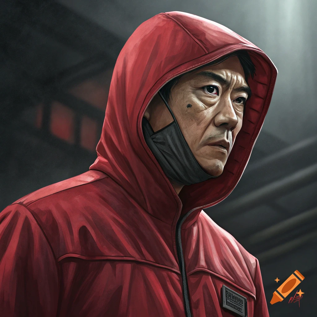 Image of Squid Game players in green tracksuits standing before a red ...