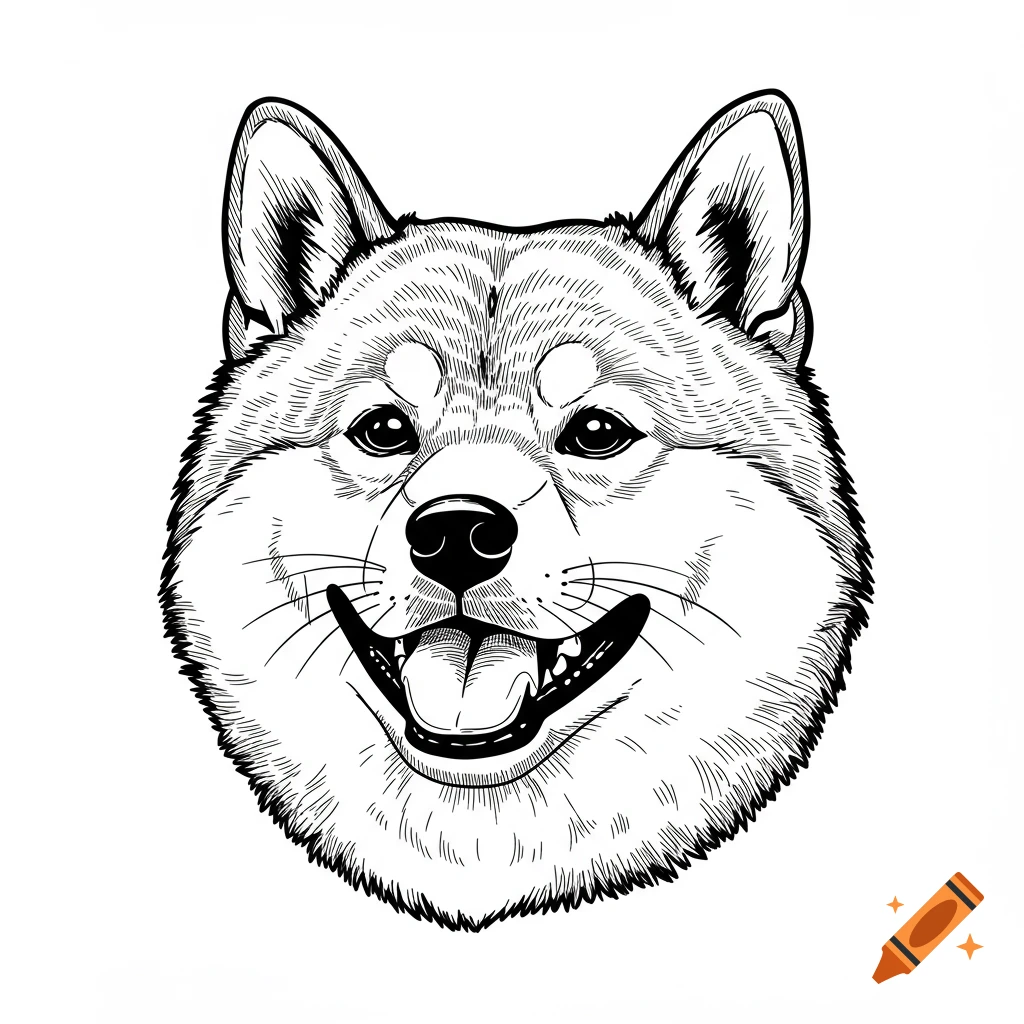 Black and white outline of a smiling Shiba Inu head on Craiyon