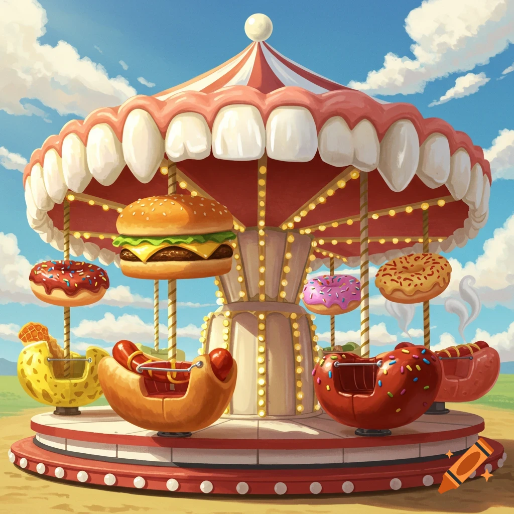 Teeth carousel with food seats, realistic style on Craiyon