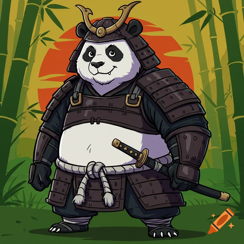 Cartoon samurai panda in the style of @madkobra on Craiyon