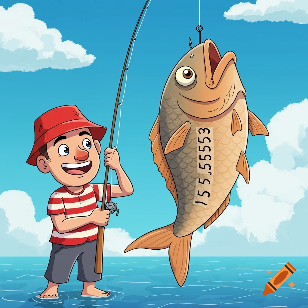 A cartoon boy stands in the water fishing, holding up a large fish with ...