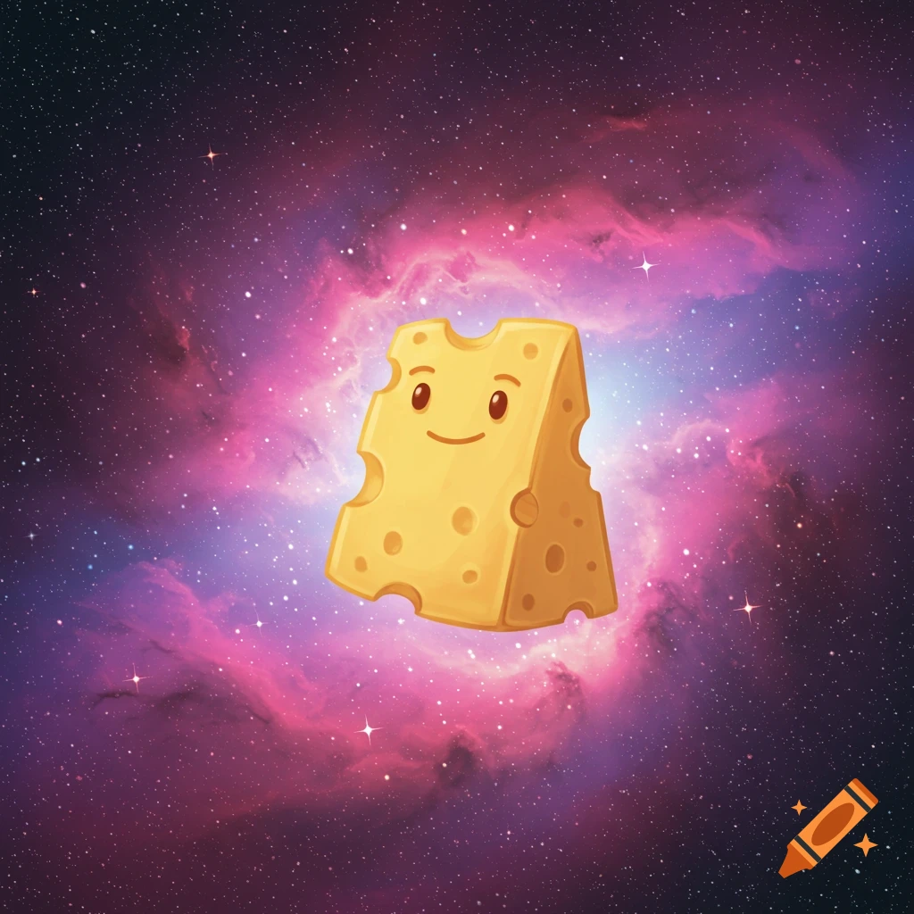 A cartoon chicken nugget with glowing laser eyes floats in a surreal space scene surrounded by ...