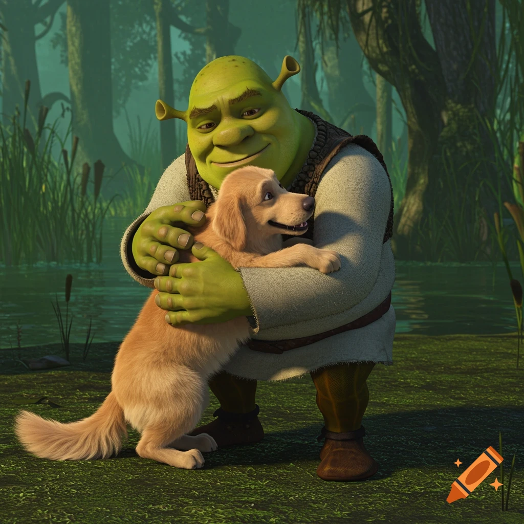 Shrek hugging a dog on Craiyon