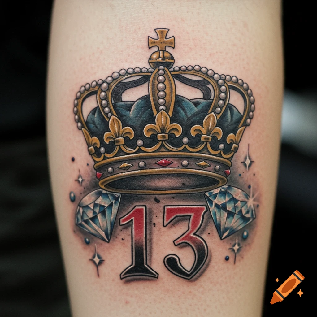 A tattoo of a crown, two diamonds, and the number 13. on Craiyon