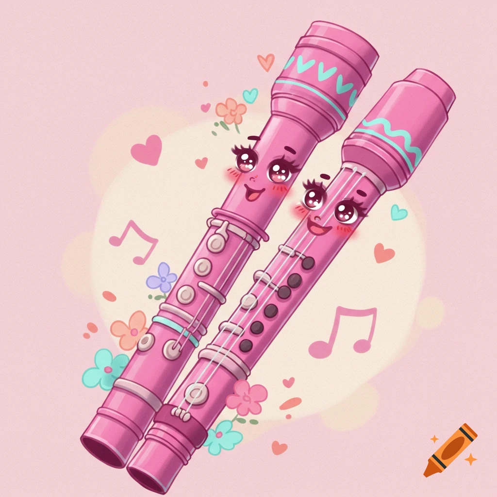 Two pink cartoon recorders with cute faces, surrounded by music notes ...
