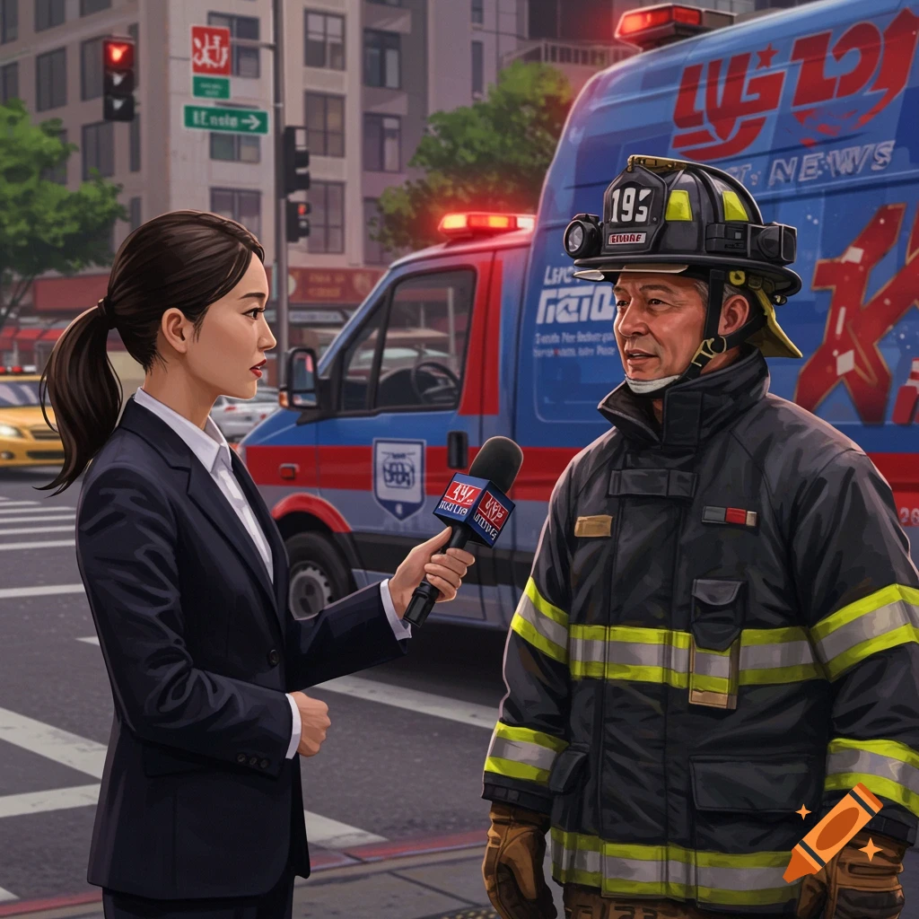 News reporter interviewing a firefighter outside a news van on Craiyon