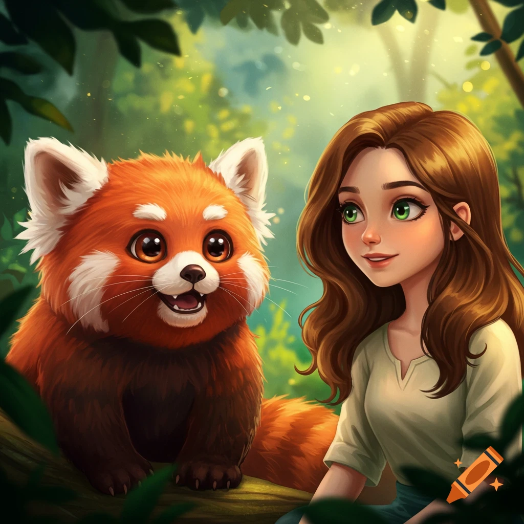 A cute red panda and a girl sit on a log in a forest clearing, digital ...