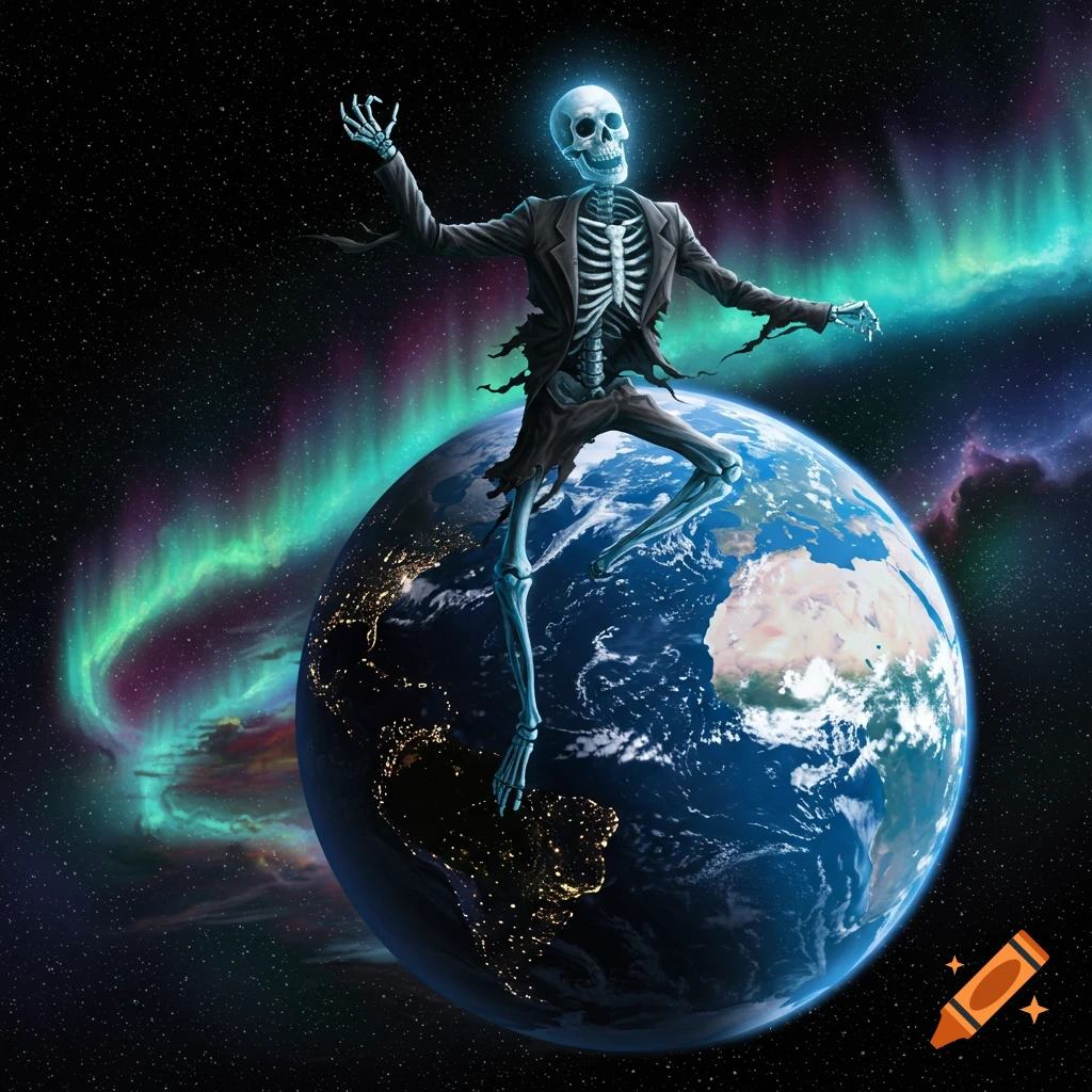 A skeleton in a tattered suit dances on top of the Earth in space with a nebula and aurora ...