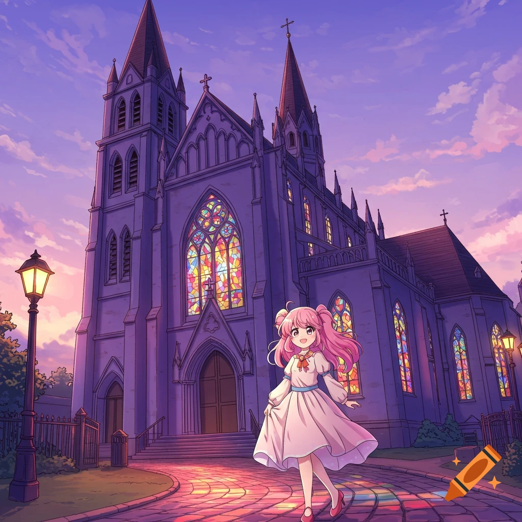 Anime girl stands in front of a purple church at sunset. on Craiyon