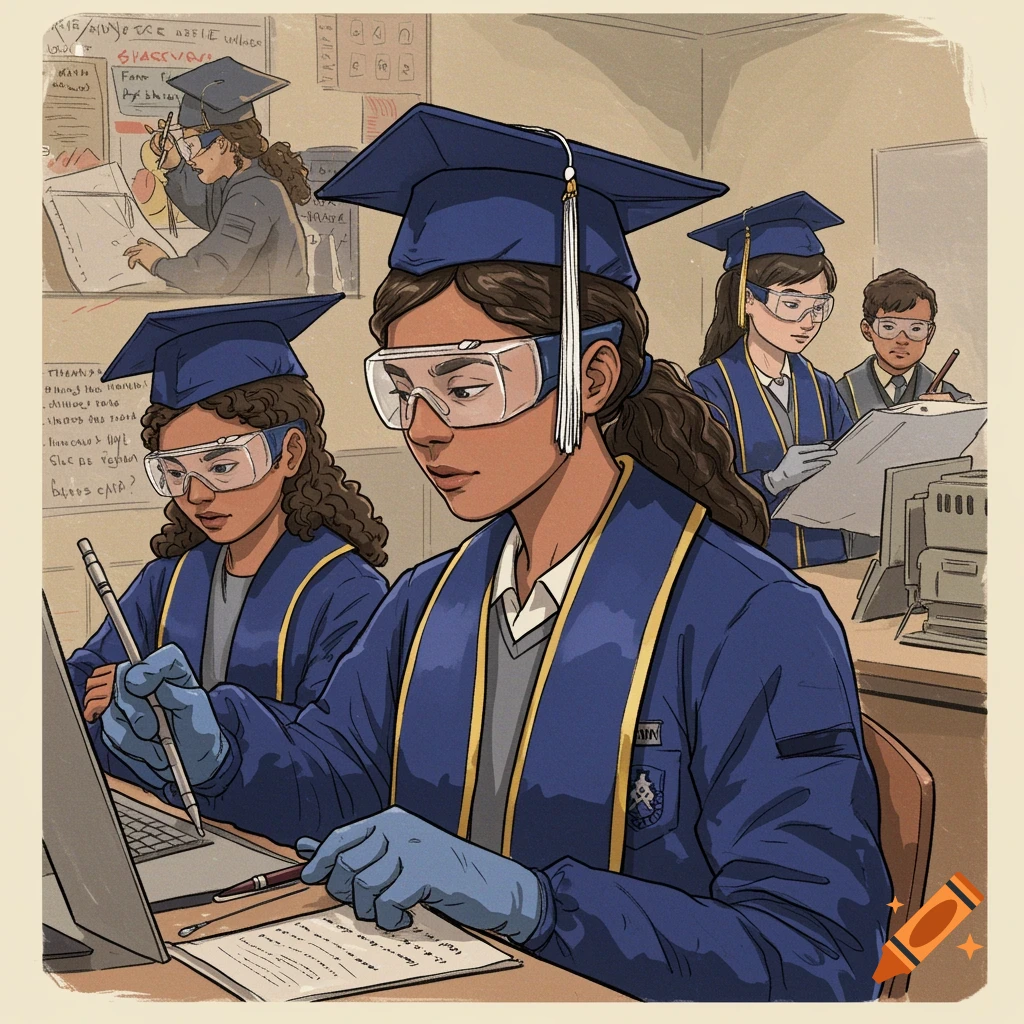 Students in lab coats, safety goggles, and graduation caps working at computers and papers in a ...