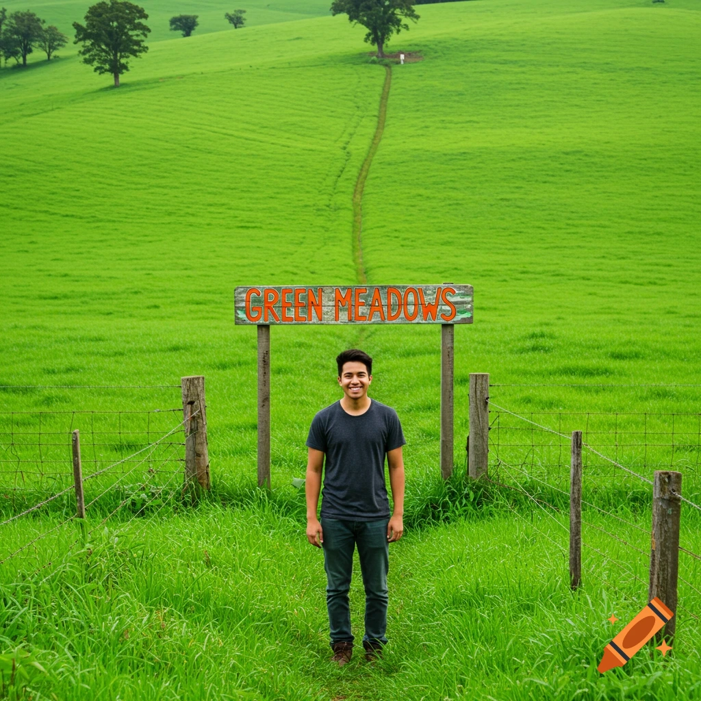 Person smiling in front of green pasture with "green meadows" sign on ...