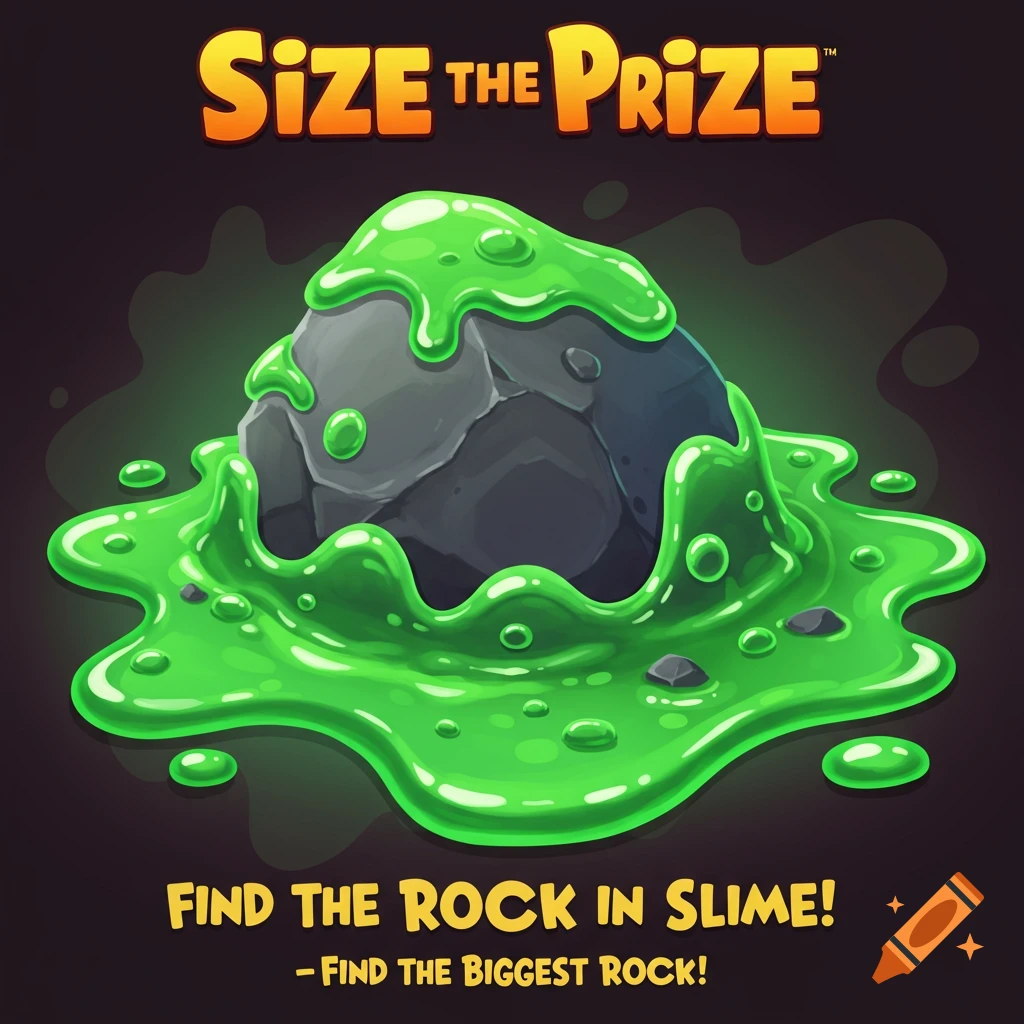 A rock covered in bright green slime with game title 'SIZE THE PRIZE ...