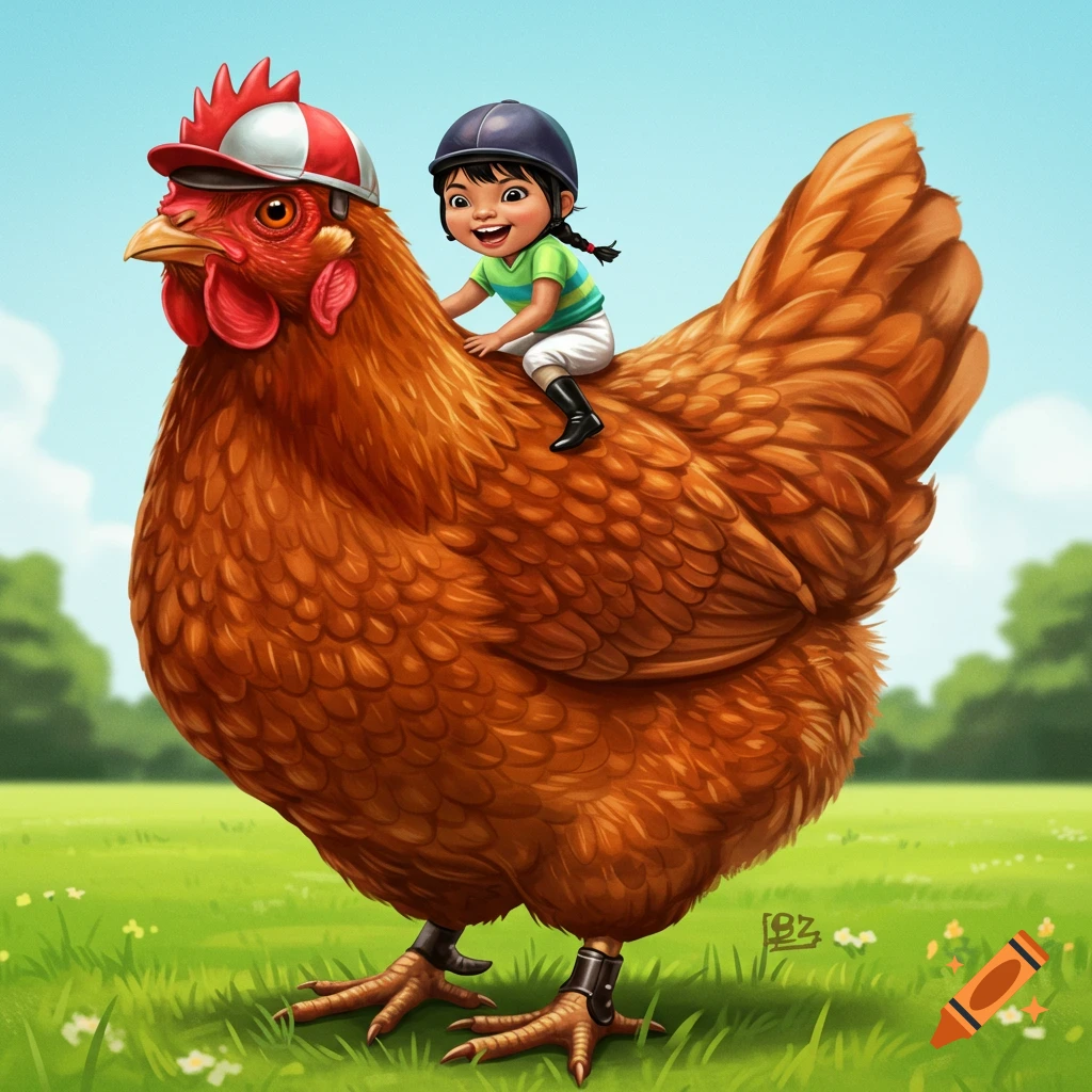 Children and a giant chicken in a field with airplanes flying overhead, illustration style. on ...