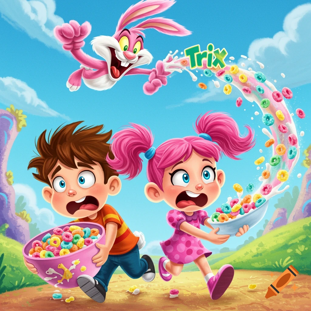 Children running from the Trix rabbit with a bowl of Trix cereal on Craiyon