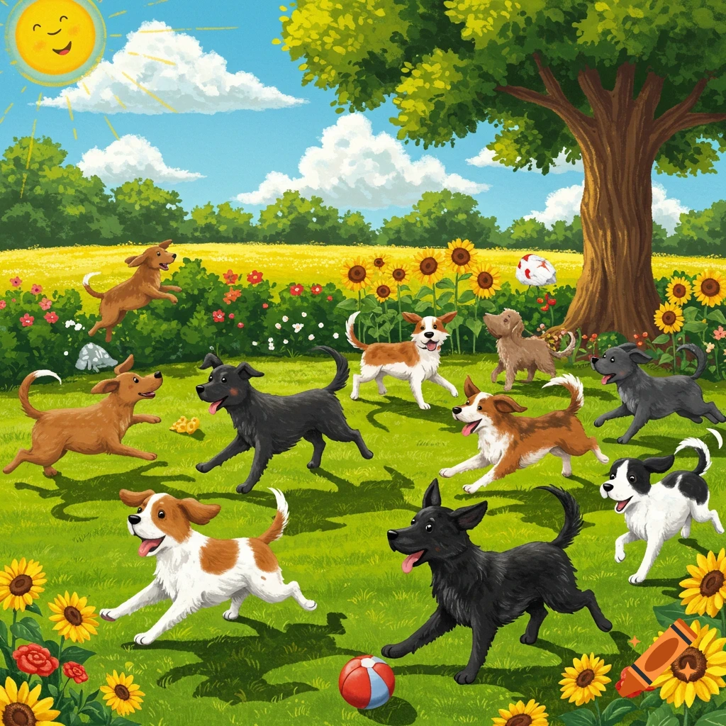 Multiple dogs playing in a sunny field filled with sunflowers and ...