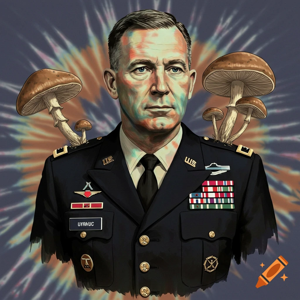 US Army general in tie-dye uniform with mushroom stars on Craiyon