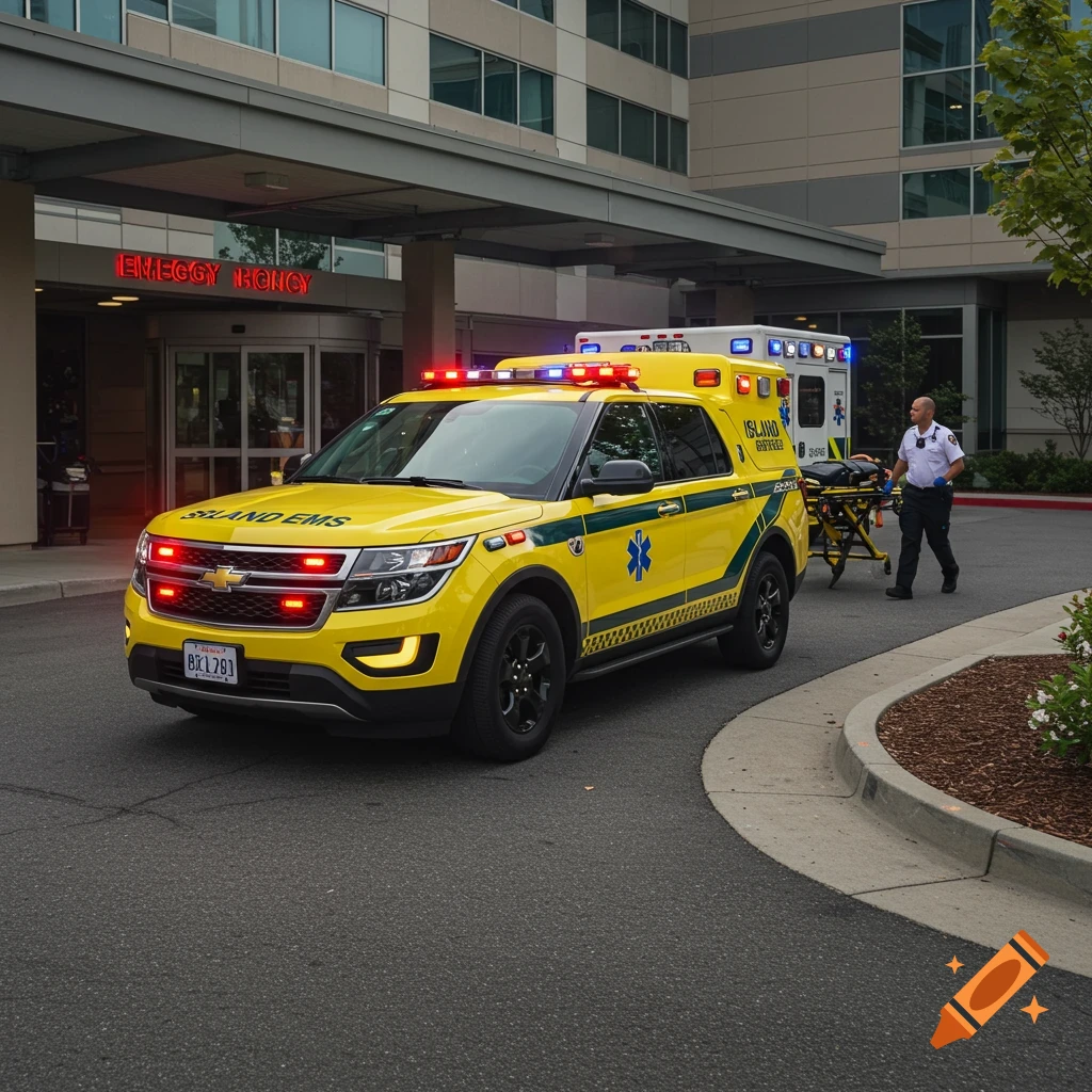 A yellow paramedic SUV and an ambulance are parked in front of a ...