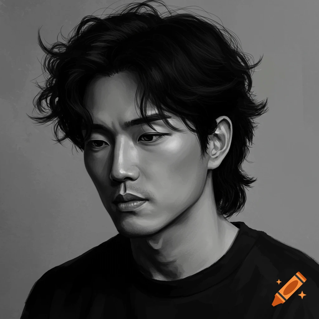 A black and white digital painting of a man with messy hair looking ...