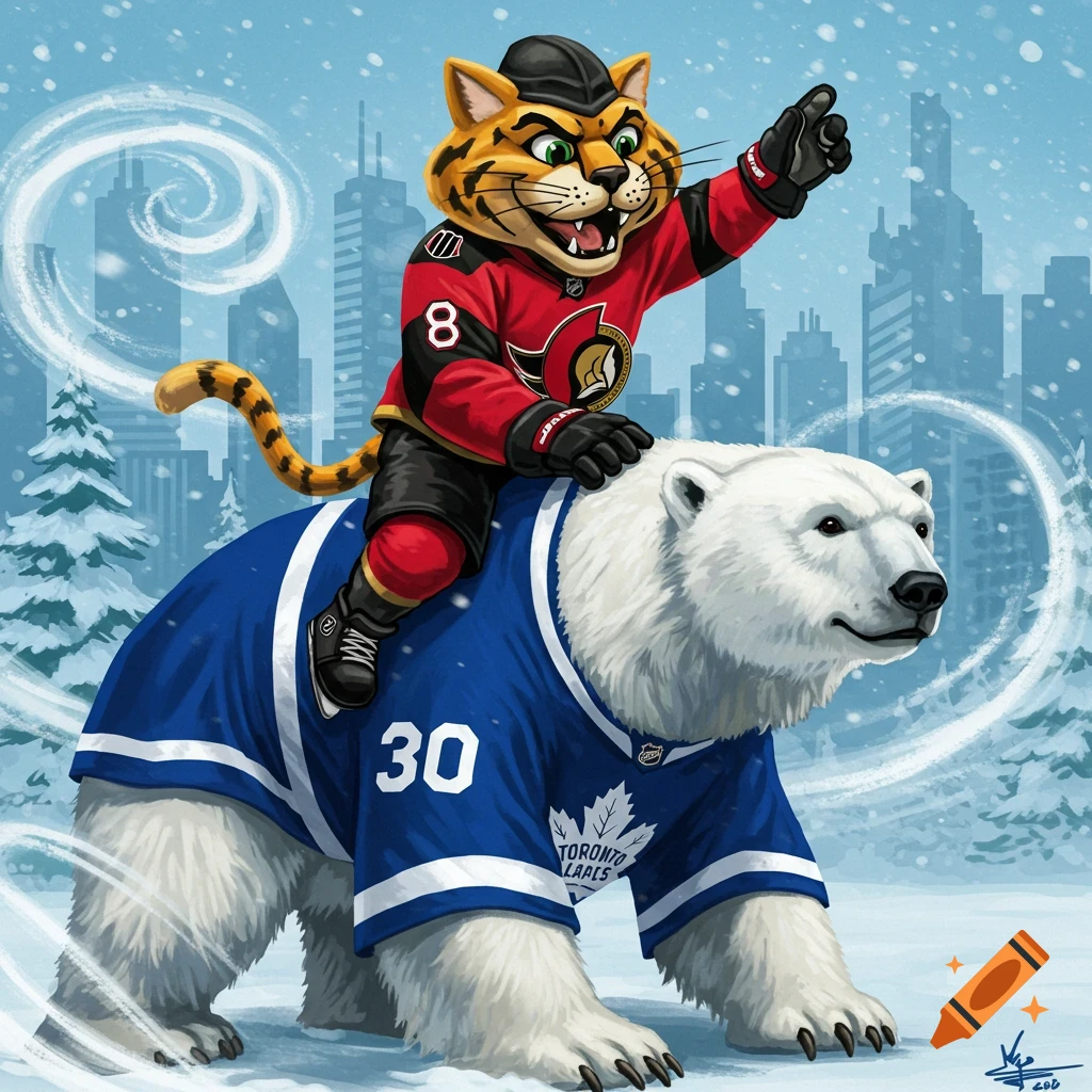 Ottawa Senators mascot Spartacat riding a polar bear in a Toronto Maple ...