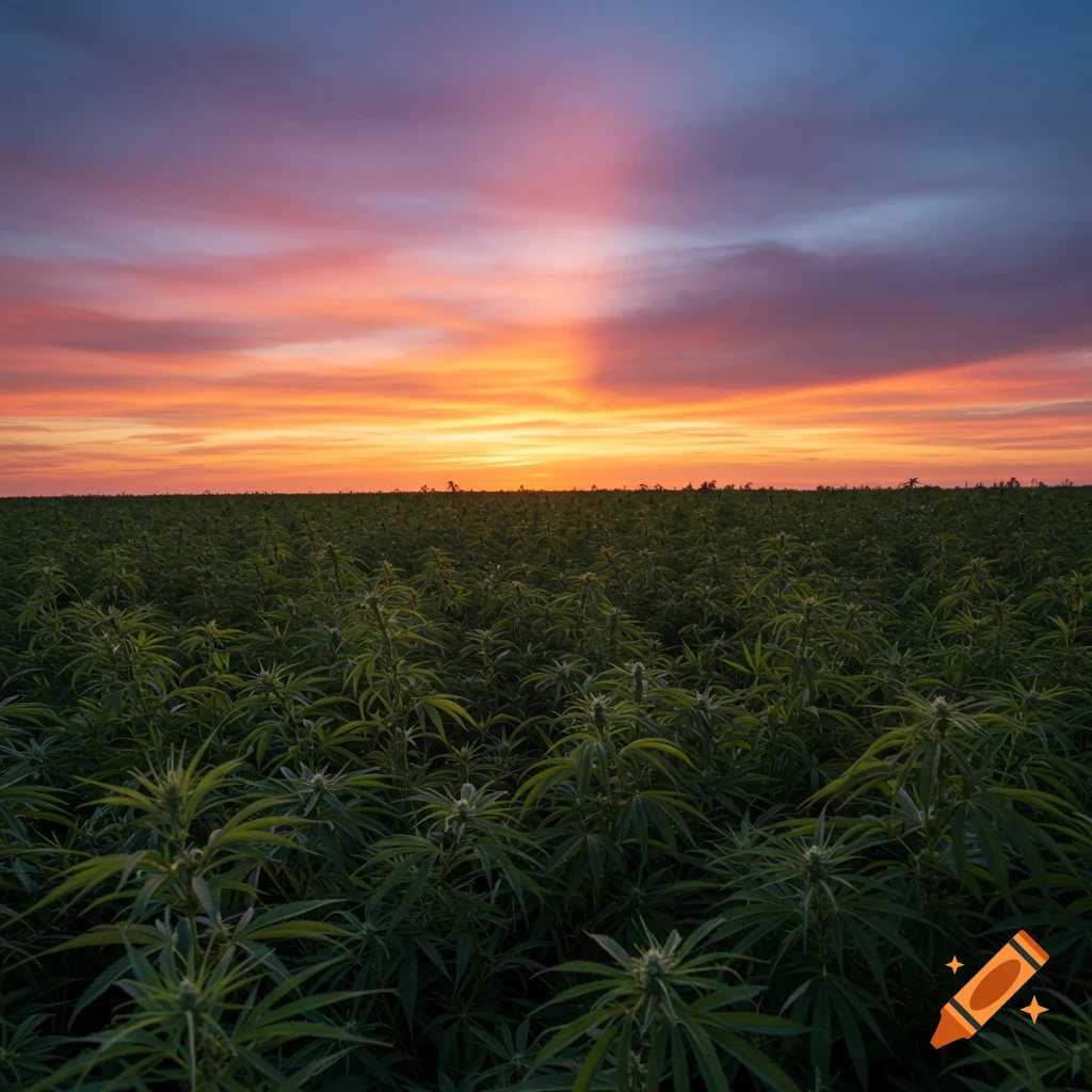 A field of cannabis plants under a colorful sunrise sky. on Craiyon