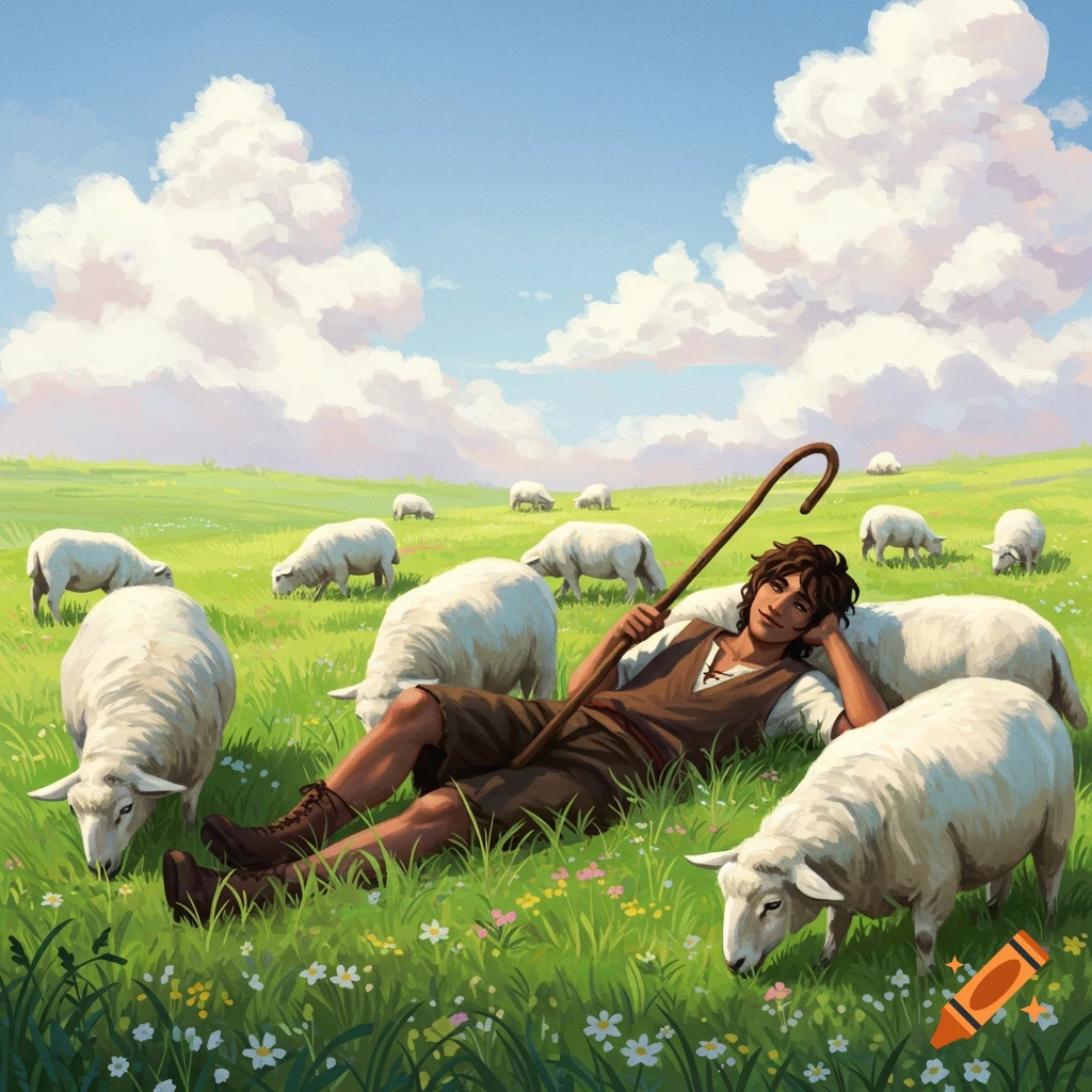 Shepherd with sheep in a natural setting on Craiyon