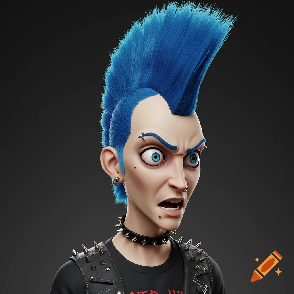 Stylized portrait of a blue-skinned character with a pink mohawk and ...