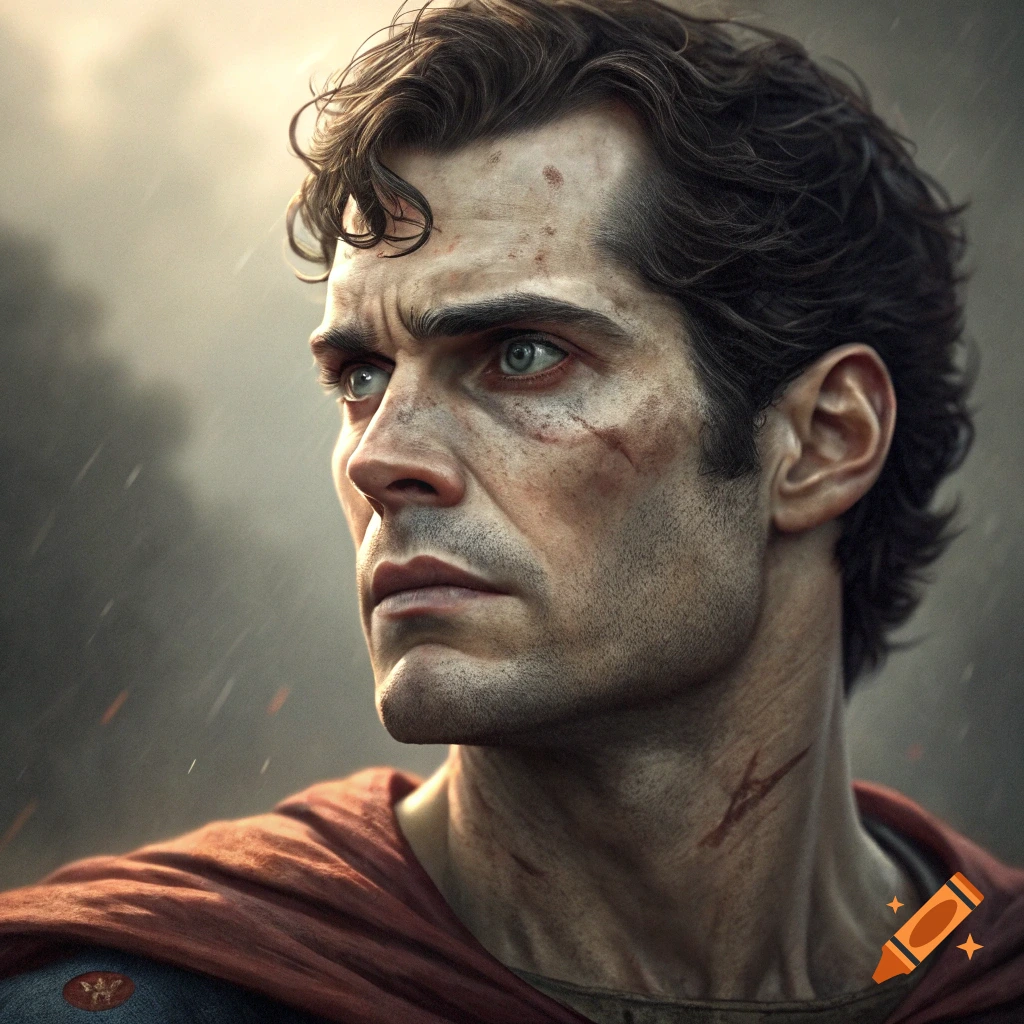 A photorealistic portrait of Henry Cavill as Superman with glowing heat ...