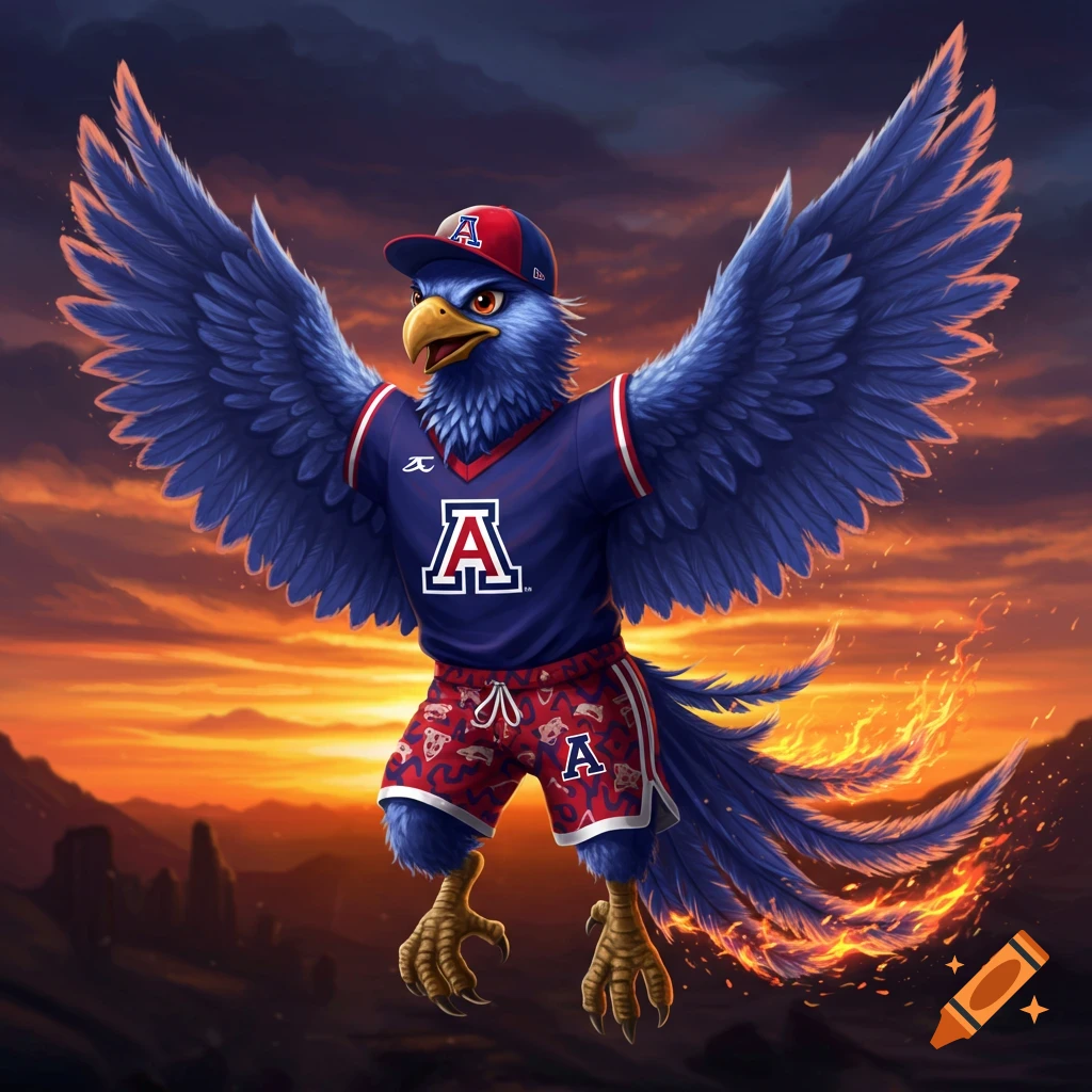 A blue phoenix mascot in Arizona Wildcats gear flying at sunset. on Craiyon