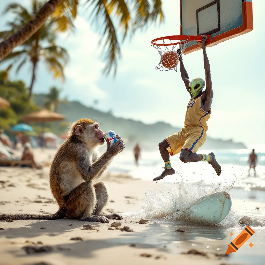 A monkey drinks from a soda can on a beach while an alien dunks a ...