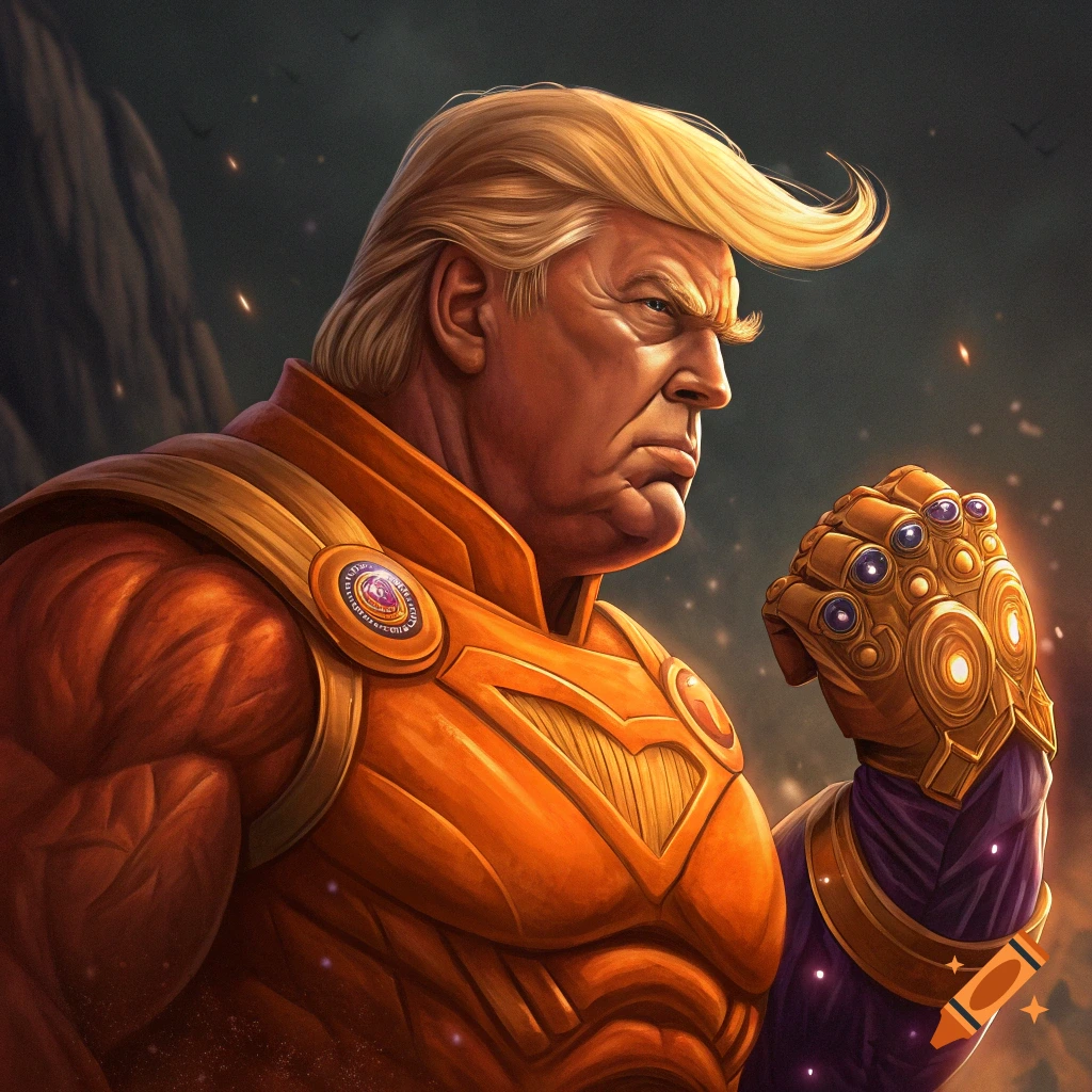 Donald Trump depicted as Thanos with orange armor and Infinity Gauntlet ...