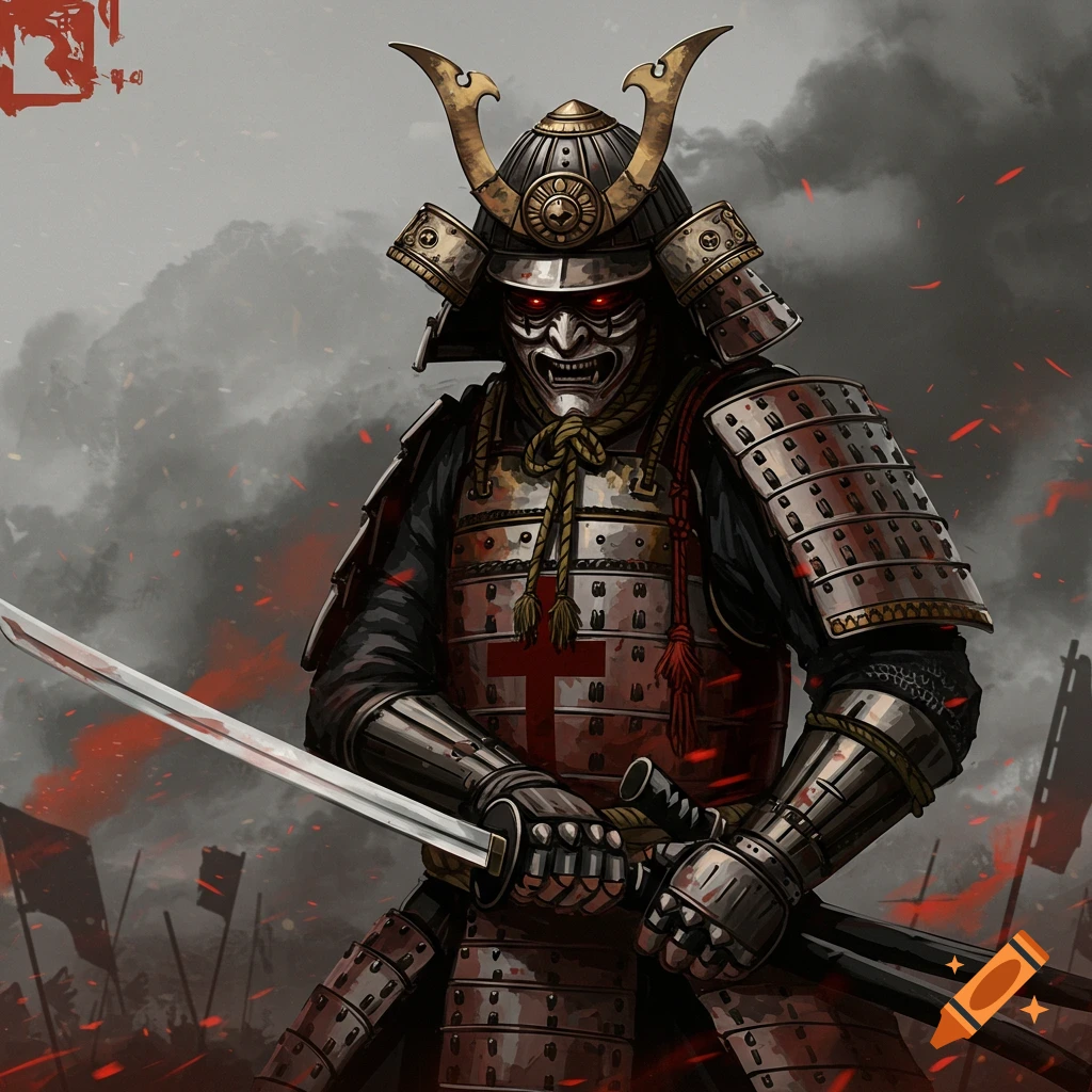 A samurai in futuristic armor holds swords on a balcony overlooking a ...