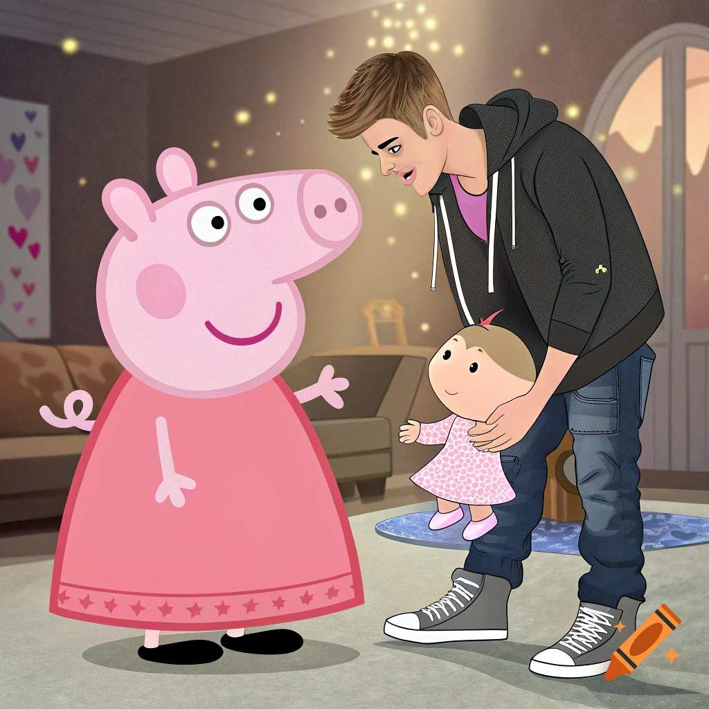 Peppa Pig cartoon character holding a flamethrower on a sidewalk. on ...