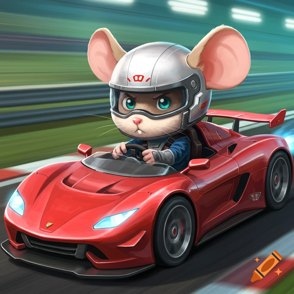 A cartoon mouse wearing a helmet drives a red race car on a track. on Craiyon