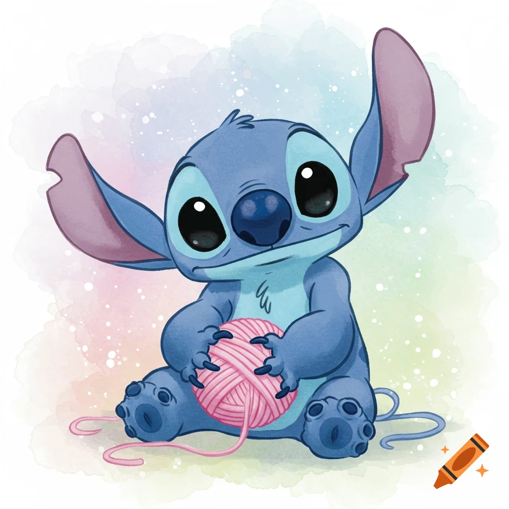 Watercolor painting of Disney's Stitch holding yarn on Craiyon
