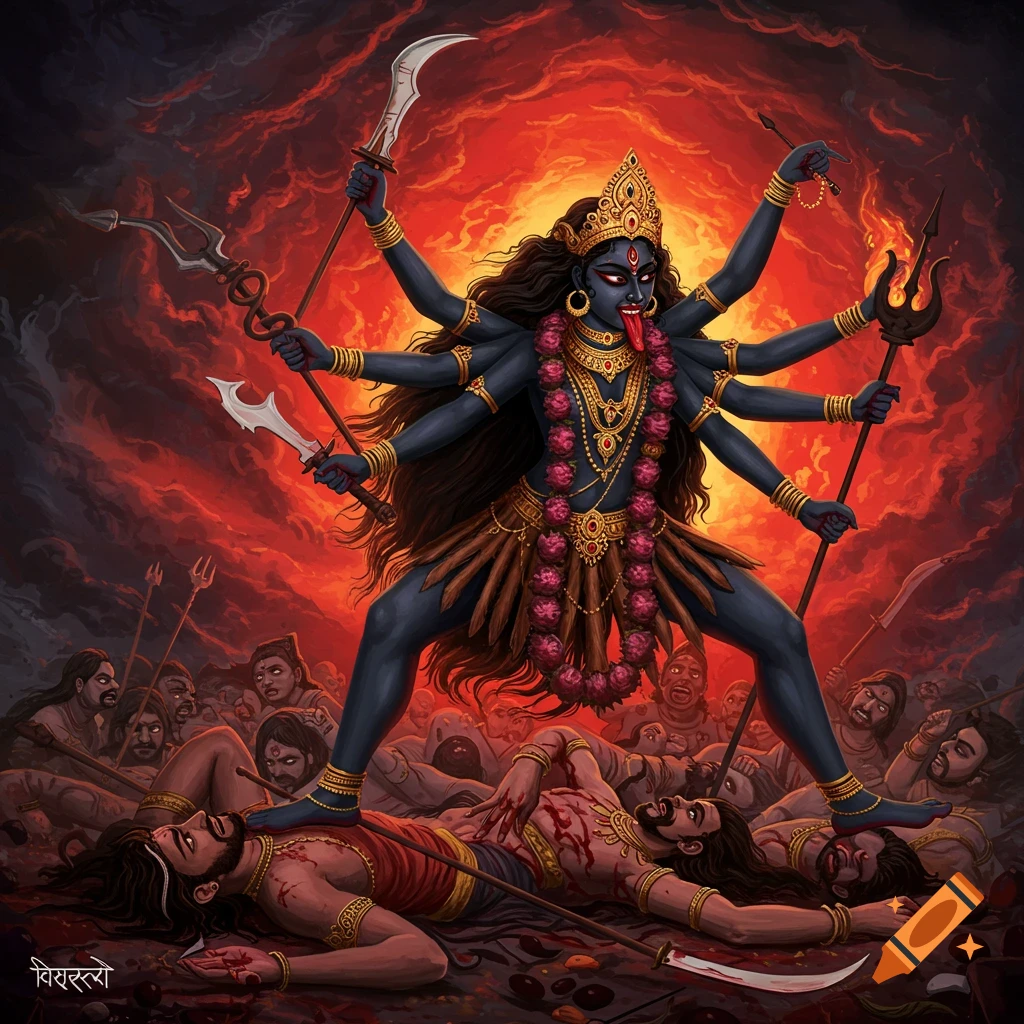 Hindu Goddess Kali in battle, stepping on enemies. on Craiyon