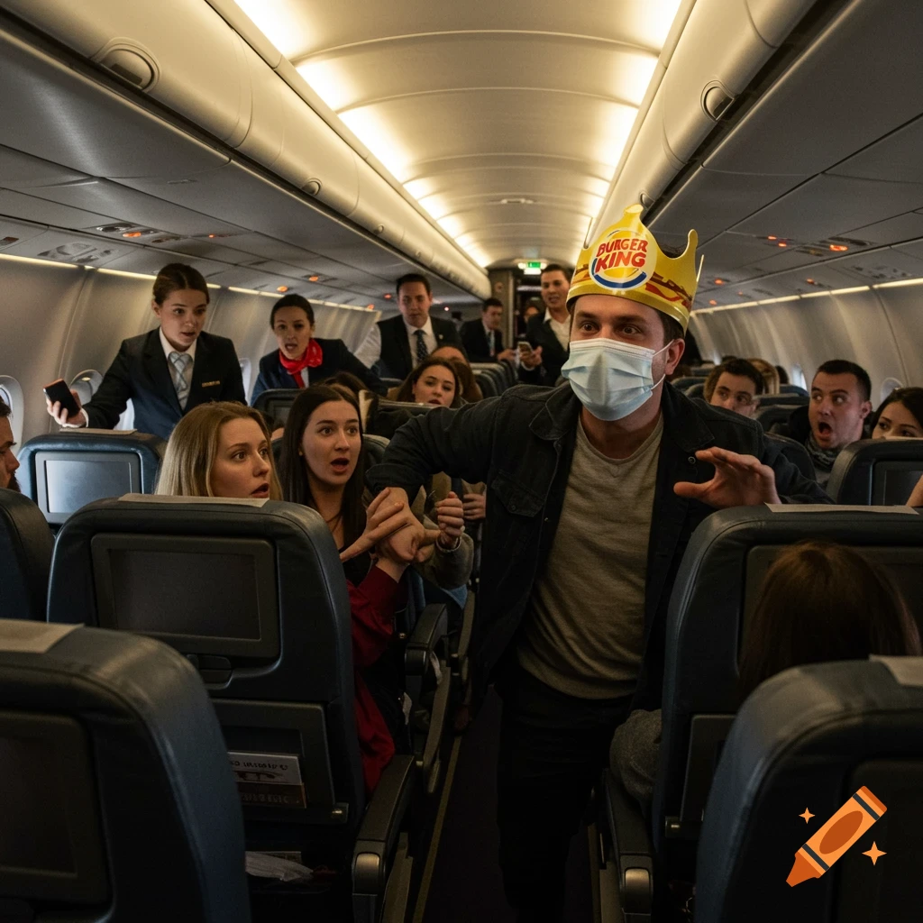 Man with Burger King crown on plane screaming on Craiyon