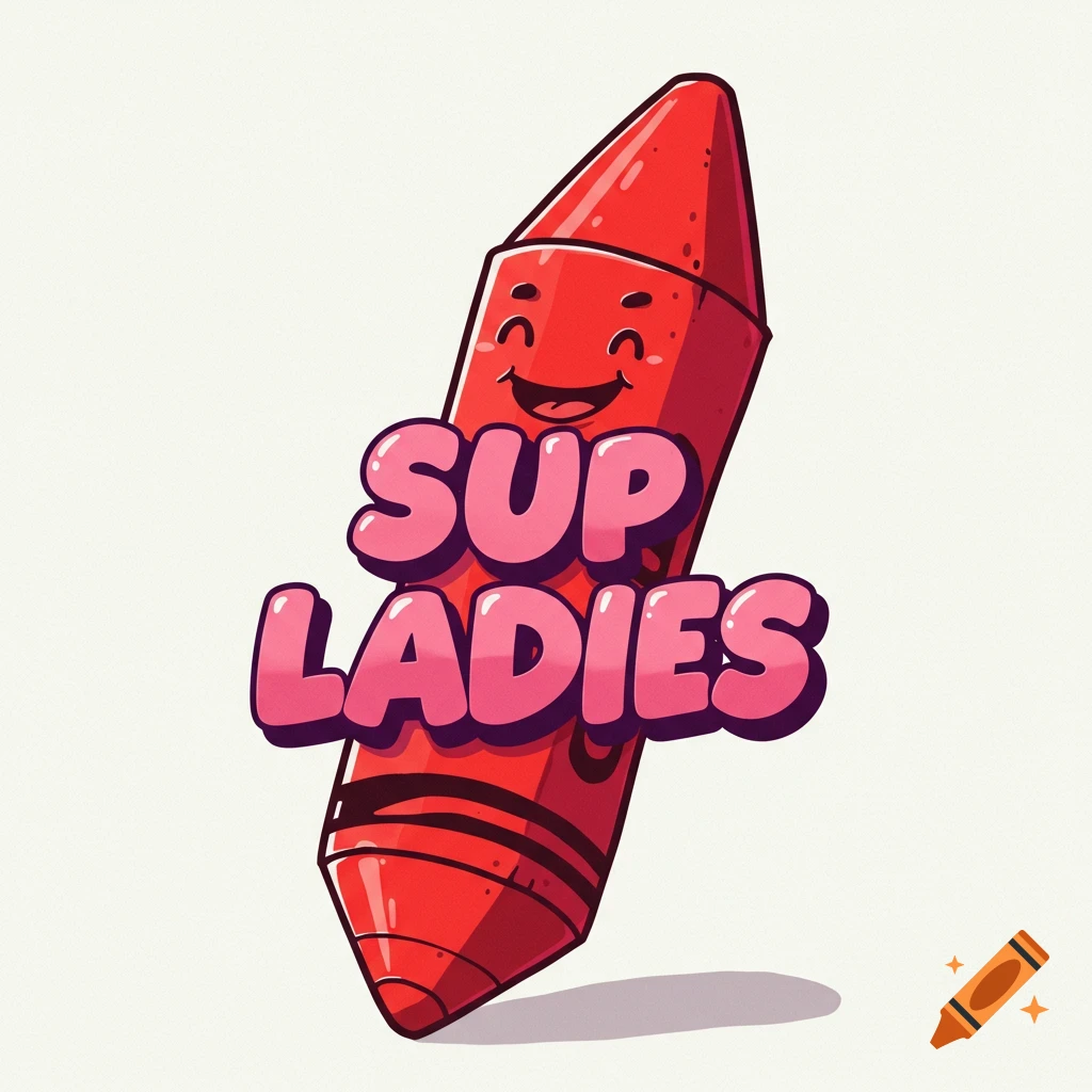 A cartoon red crayon with a face says 'SUP LADIES' on Craiyon