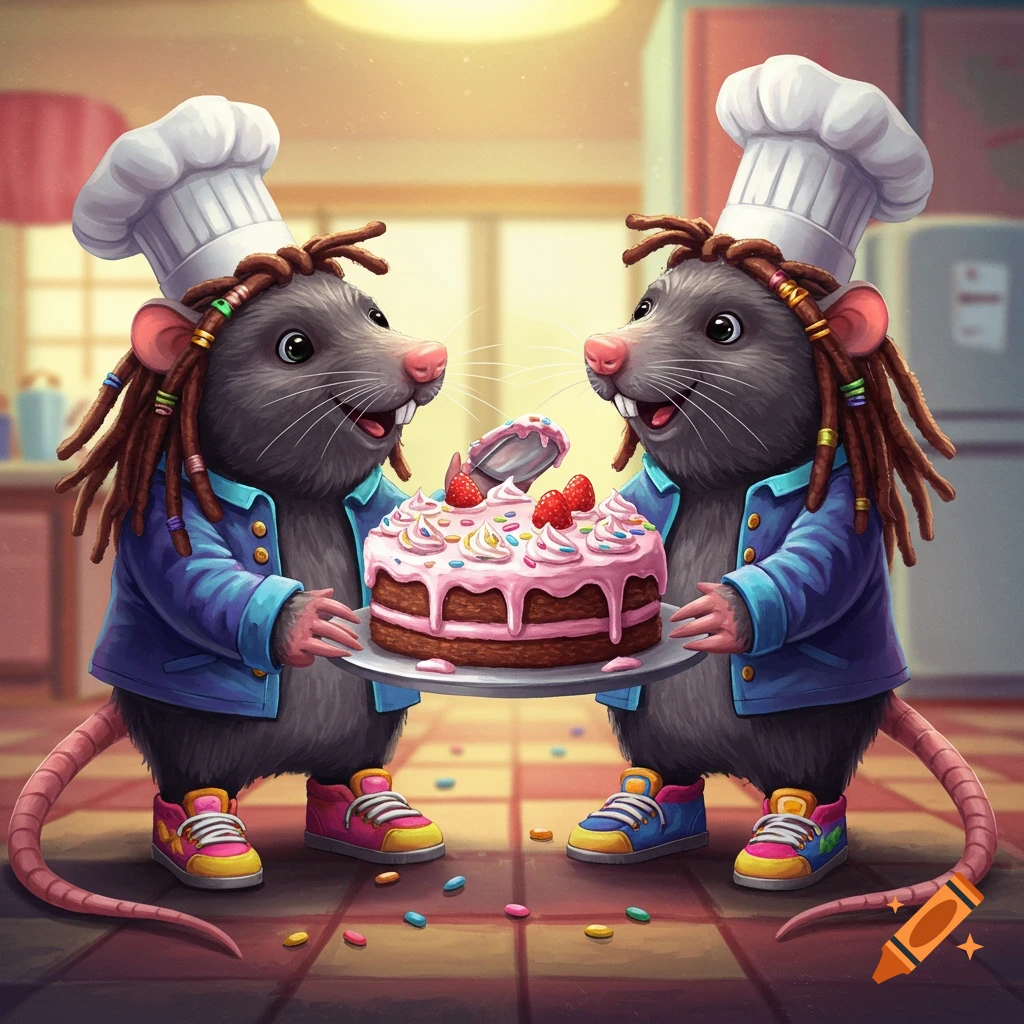 Two cartoon rat chefs in jackets and dreadlocks hold a pink cake in a ...