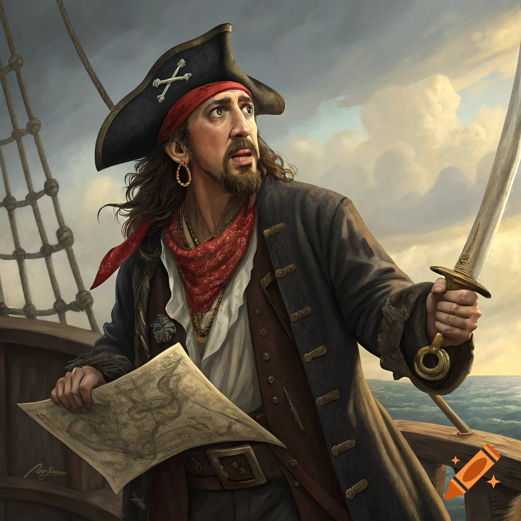 Portrait of a pirate resembling Nicholas Cage holding a map and sword ...