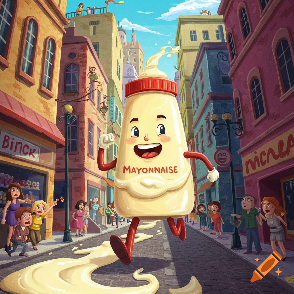 Cartoon of a smiling mayonnaise jar character running down a city ...